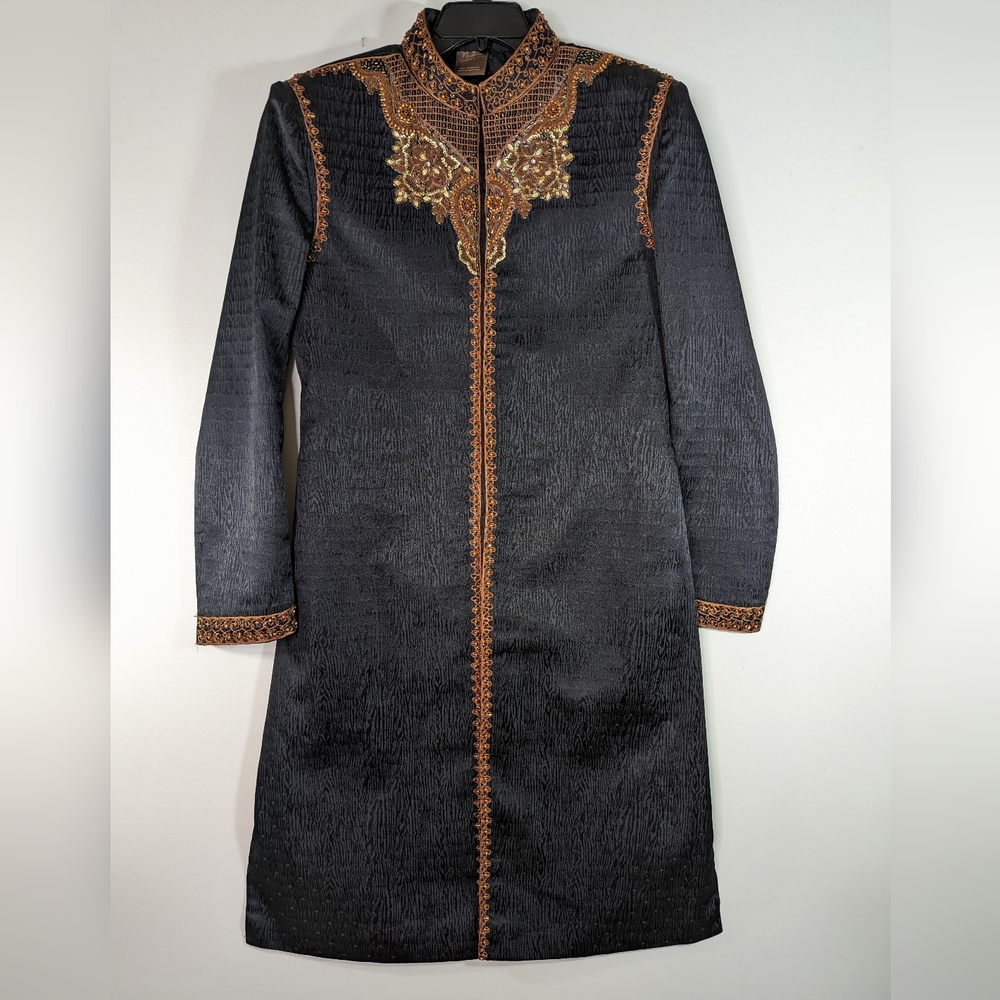 Poshak Mens Black Sherwani Jacket Long Beaded Embroid… - Gem